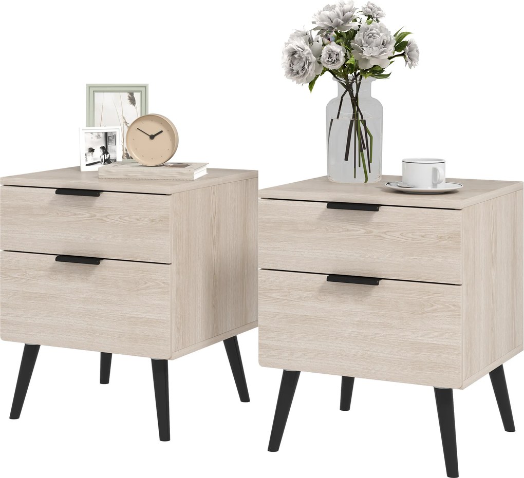 HOMCOM Sada 2 Nočních Stolků, Moderní Nordic Styl, Noční Stolek s Dvoubarevným Šuplíkem, Masivní Dřevěné Nohy, do Ložnice, Obývacího Pokoje, Dubový E…