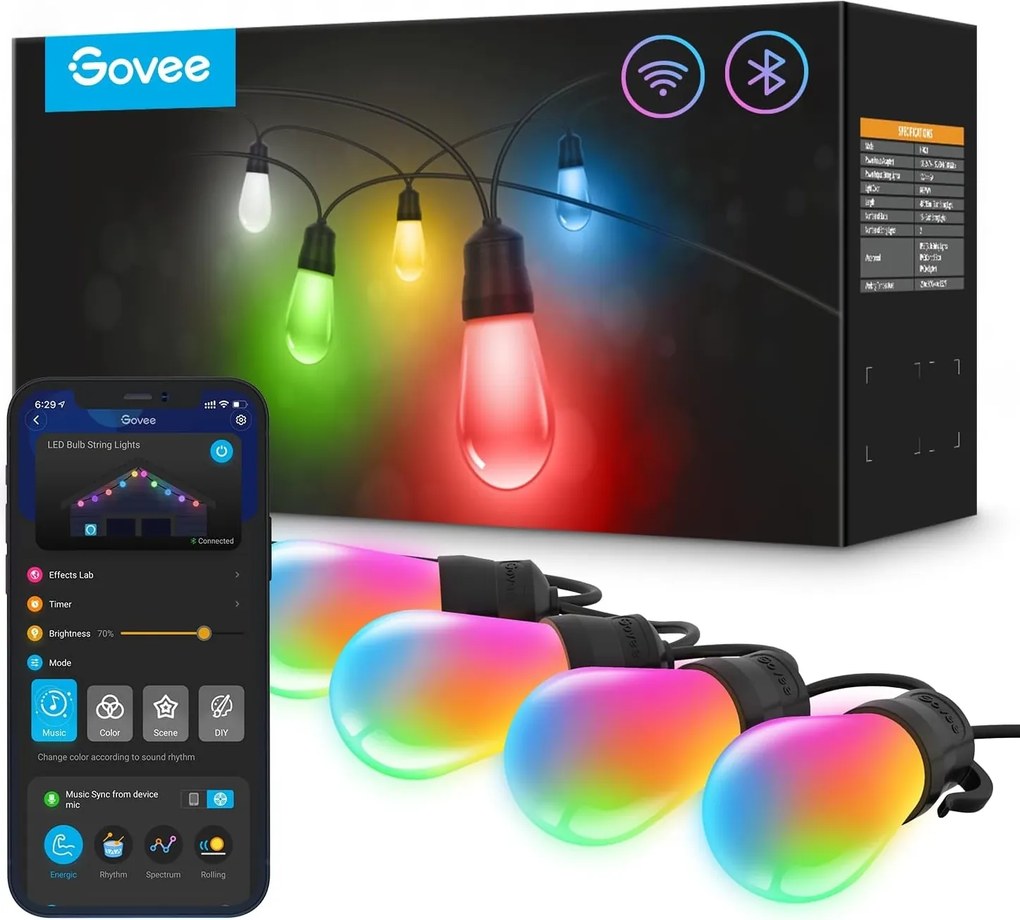 Led Venkovní Světelná Girlanda Rgb Govee String Lights S Aplikací Bluetooth 30 M