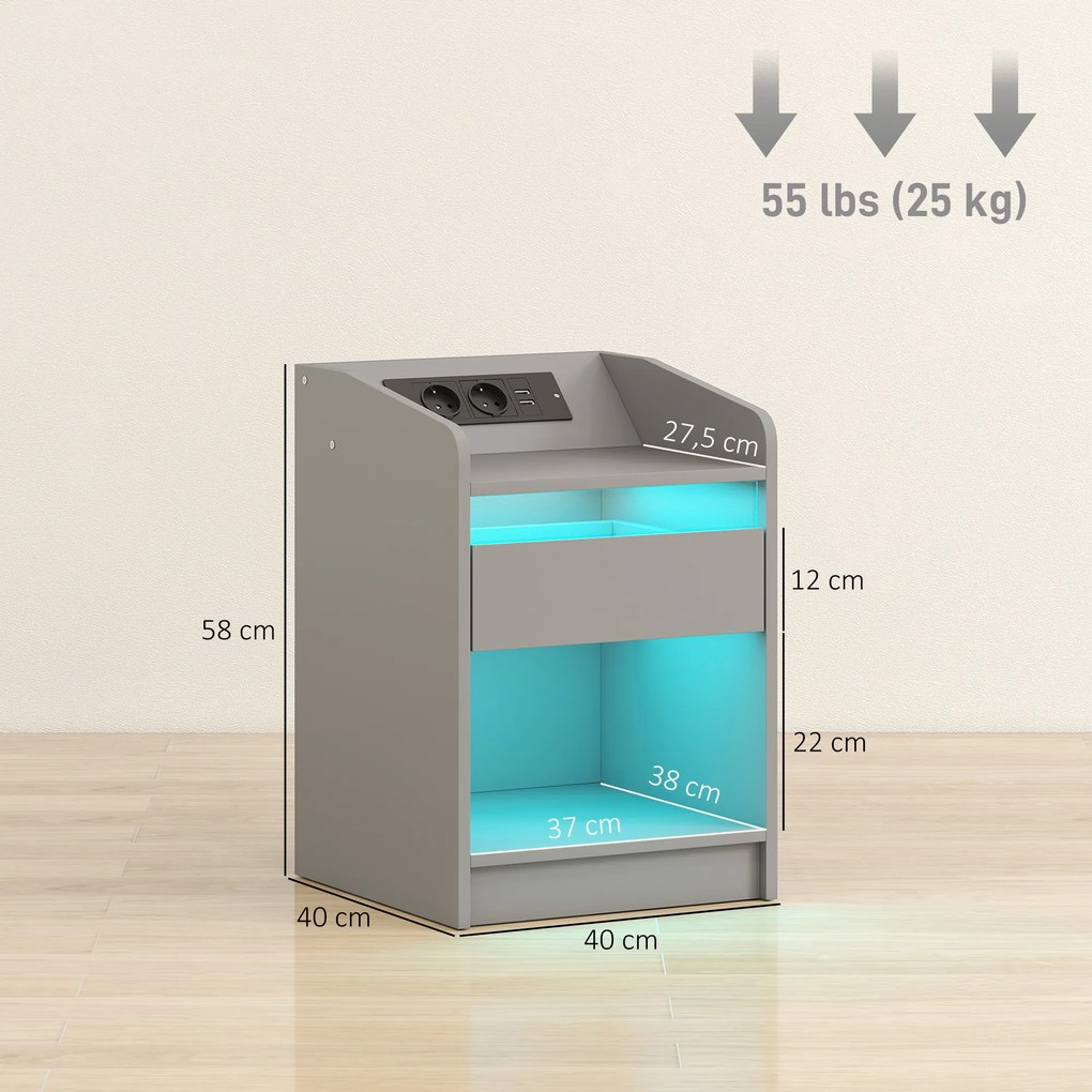 HOMCOM Noční stolek s nabíjecí stanicí LED-RGB světlo, zásuvka, otevřená přihrádka, USB porty a dálkové ovládání 40x40x58 cm Šedá