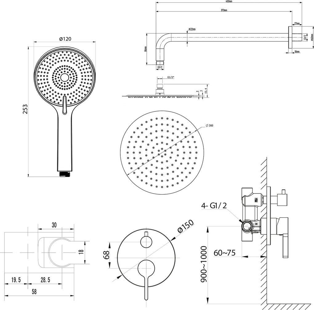 Sapho Sapho, ICONIC podomítková sprchová souprava s pákovou baterií, 2 výstupy, černá mat, AF042B-01