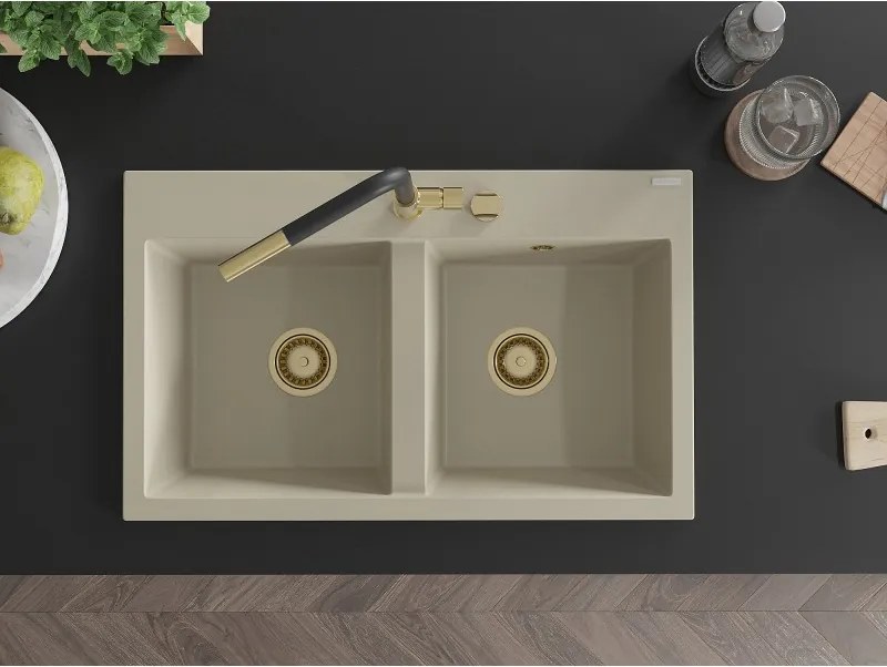 Mexen Hektor, 2-komorový granitový dřez 800x480x205 mm, béžová, zlatý sifon, 6521802000-69-G
