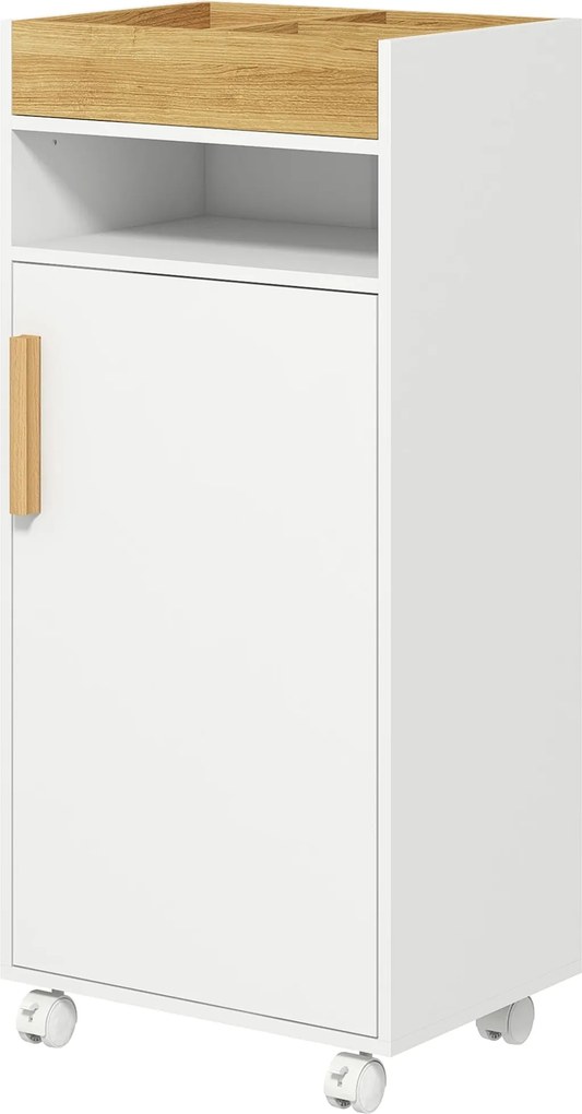 Kleankin Moderní Koupelnová Skříňka Auxiliární Sloupec, Koupelnová Skříň s Nastavitelnými Policemi, Odnímatelným Příborníkem a Koly 40x30x88 cm Bílá a