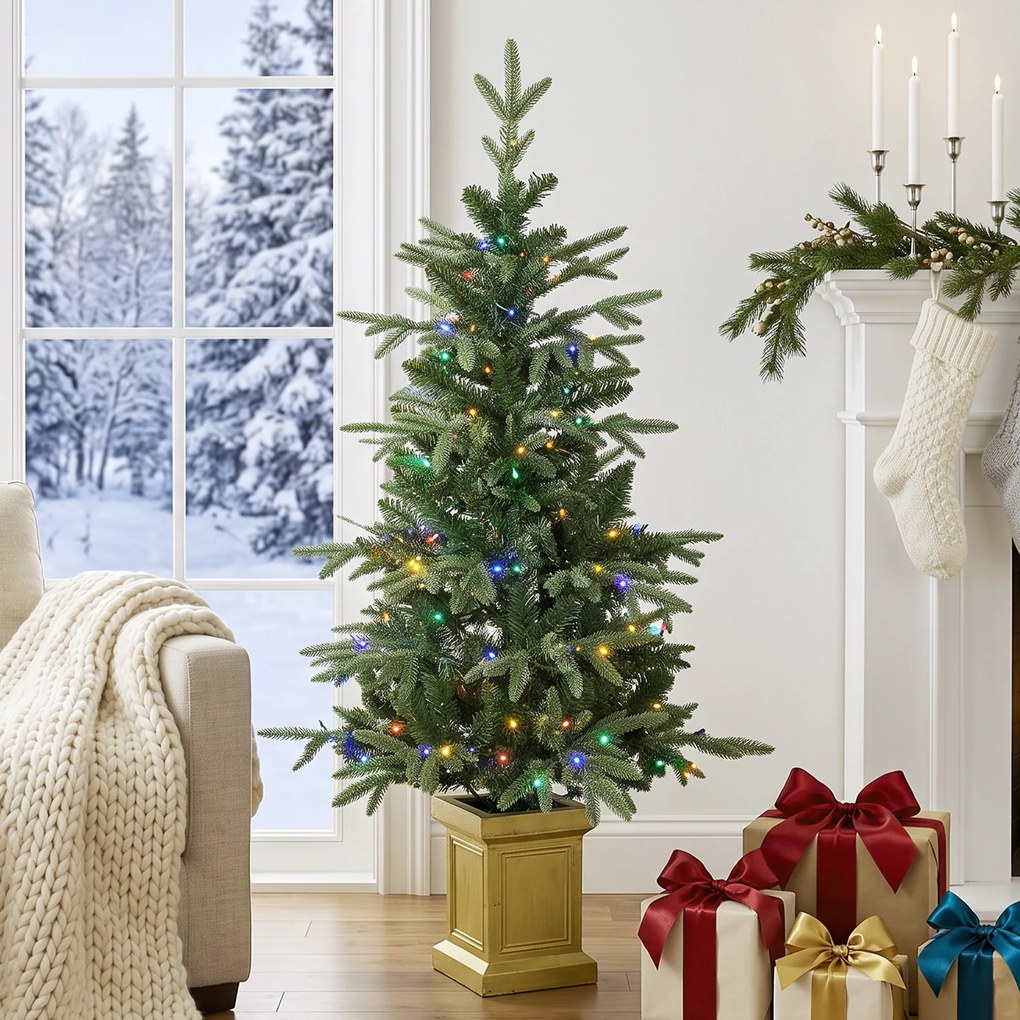 HOMCOM Umělý vánoční stromek, 120 cm Jedle s 110 LED osvětlením 147 špiček, 2 barvy světla, Dálkové ovládání