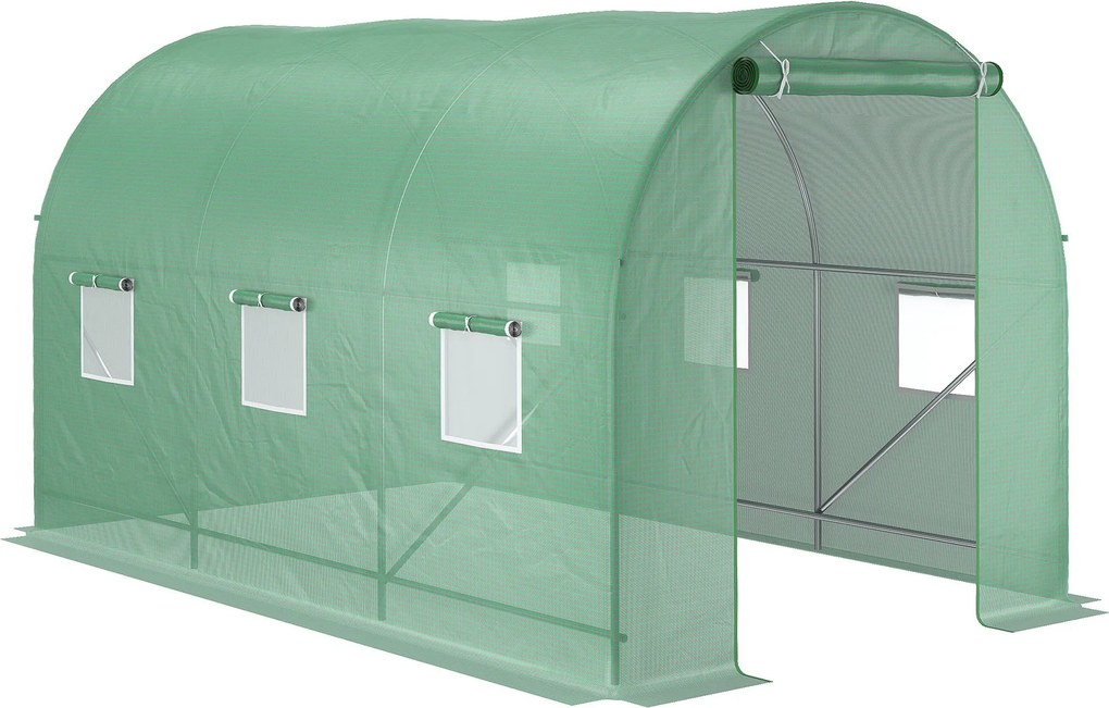 Zelený skleník Outsunny 350x200x200 cm s fólií, Dům na rajčata s dveřmi, 6 okny, Fóliový tunel z pozinkované oceli, PE, stabilní skleník pro rostliny,