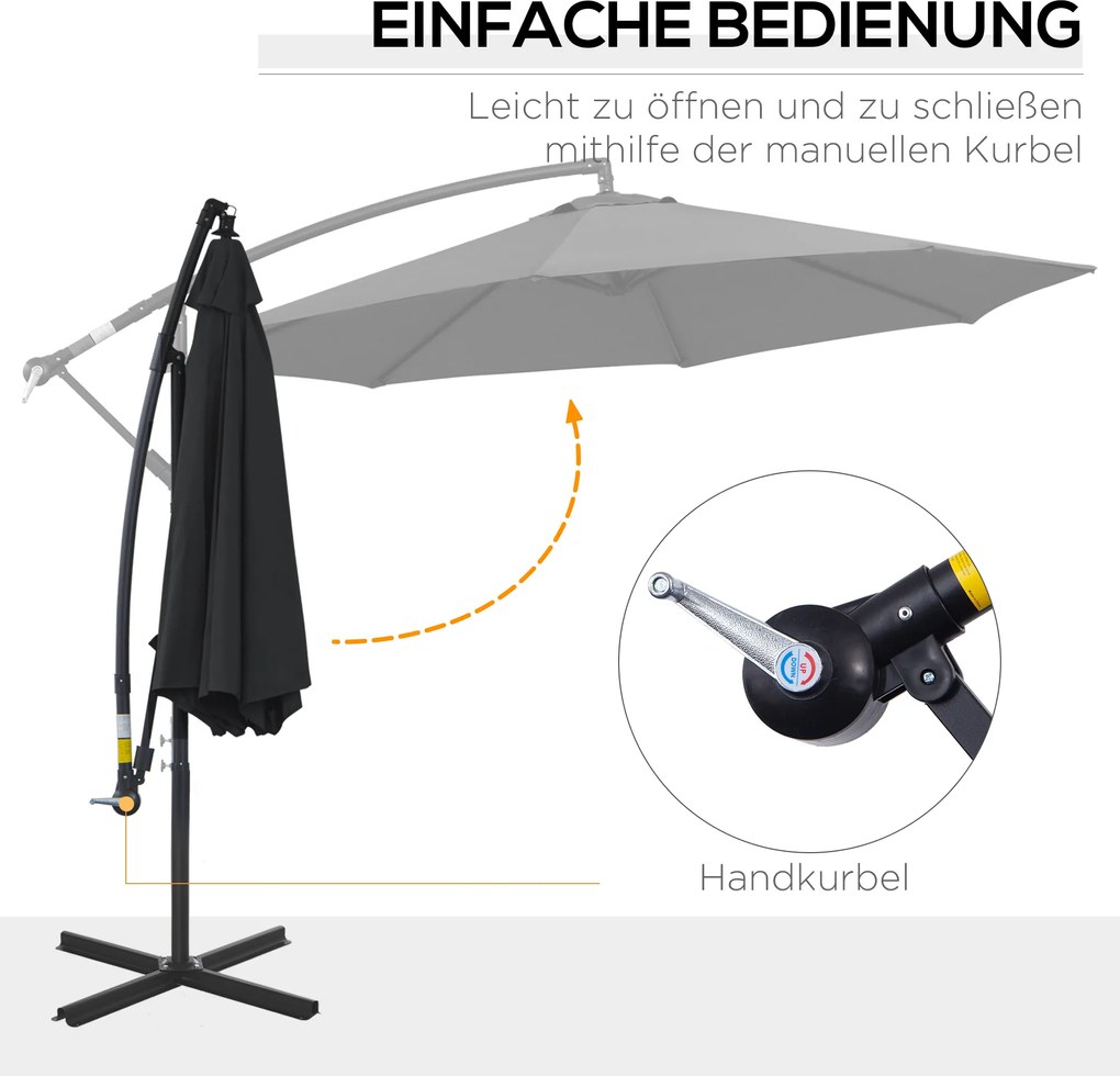 Konzolový slunečník Outsunny s kličkou, ocelový rám a polyesterová tkanina, černý, Ø3x2,5 m| Aosom