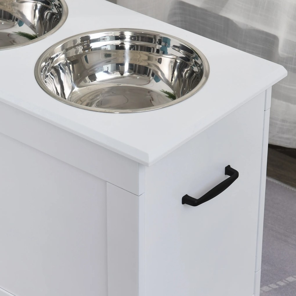 PawHut miska na krmivo pro psy s úložným prostorem 2 nerezové misky 60x30x41cm v bílé barvě pro psy