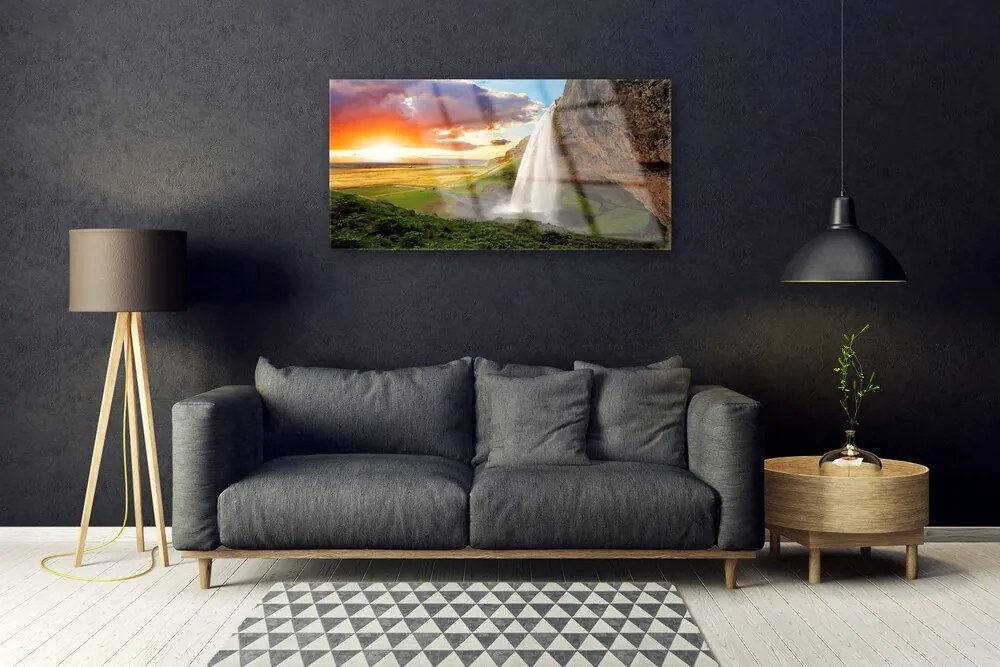 Obraz na skle Hora Vodopád Příroda 120x60 cm