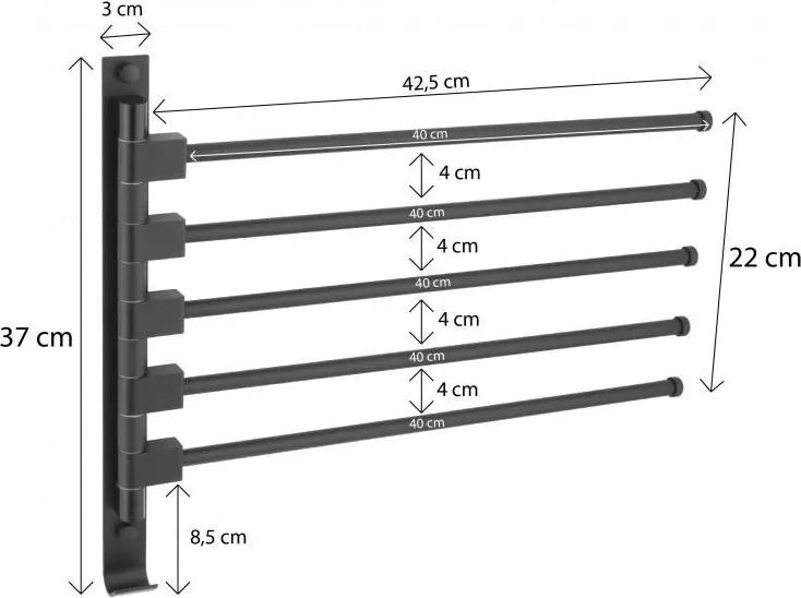 Nástěnný věšák na ručníky AMY - 5 ramenný - černý matný