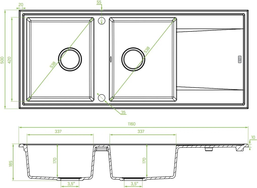 Laveo Megalo, 2-komorový granitový dřez 1160x500x185 mm s dlouhým odkapávačem, černá, LAV-SBE_721B