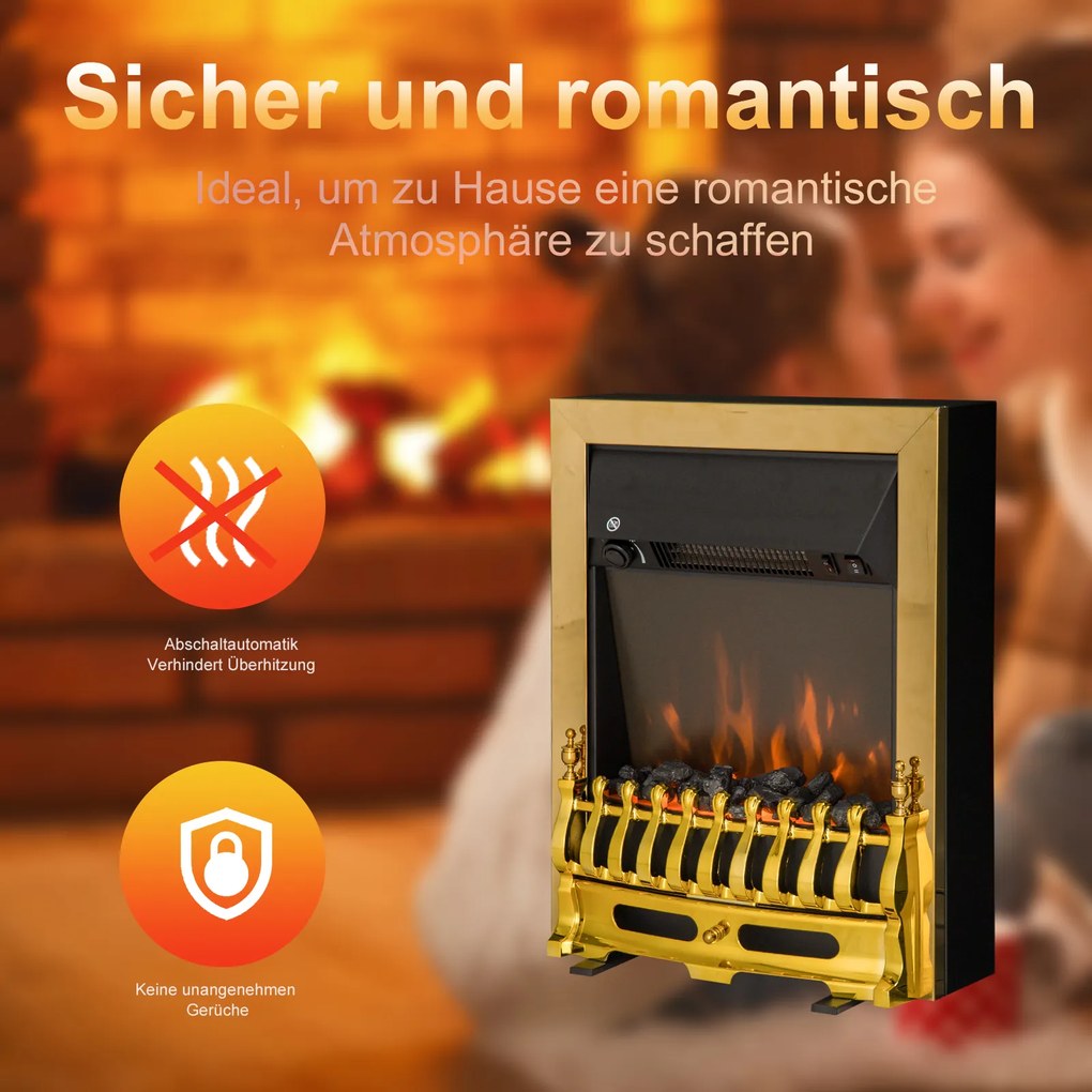 Elektrický krb HOMCOM Stojanový krb s efektem plamene 1000/2000W 48,2 x 18,5 x 59,2 cm ve zlaté barvě pro příjemné večery |