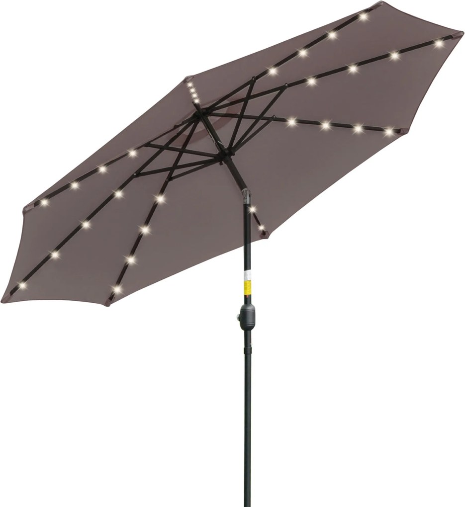 Outsunny Zahradní Slunečník Ø265 cm s 32 Solárními LED Světly, Ocelový Sloupek a Kloubový Mechanismus pro Šedou Terasu