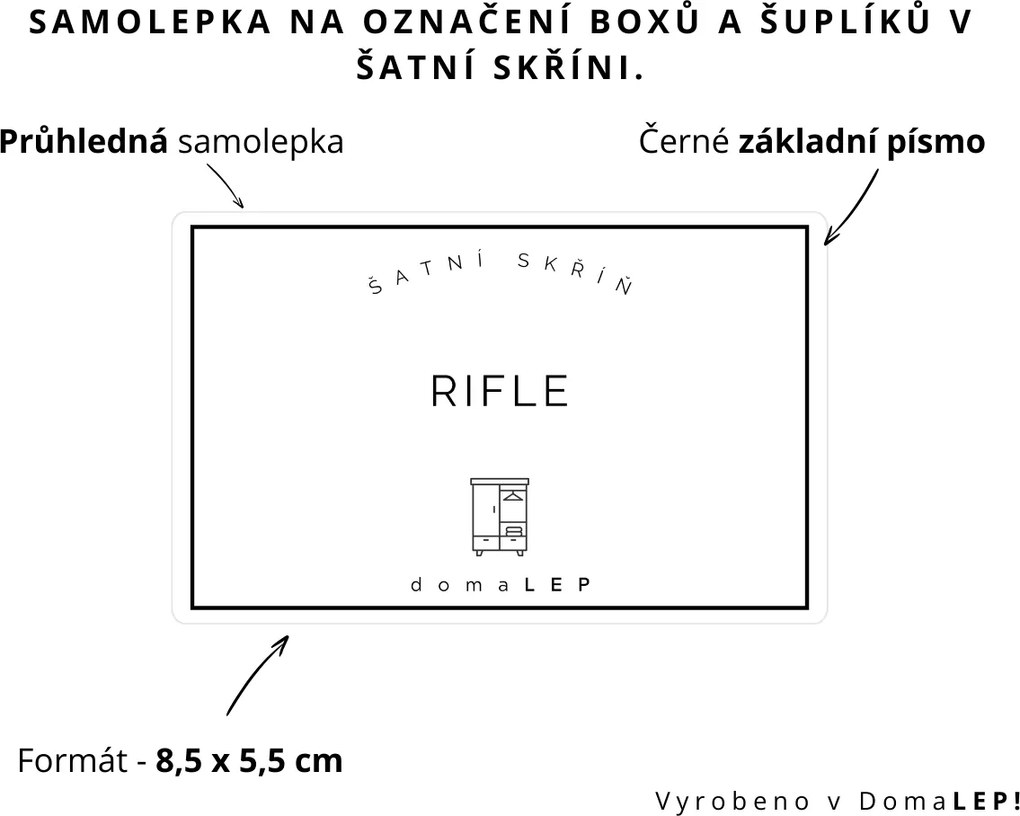 RYFLE - Samolepka na šuplíky a boxy do šatní skříně, 8,5 x 5,5 cm - DomaLEP varianta: SAMOLEPKA, barva: BÍLÁ - ČERNÉ písmo, velikost: š. 8,5 cm x v. 5,5 cm - základní písmo