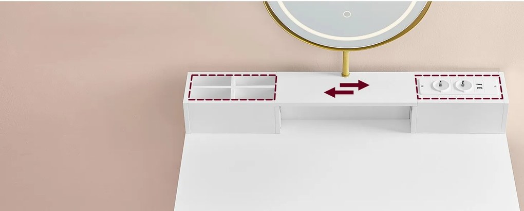 Toaletní stolek s nabíjecí stanicí a LED osvětlením Vasagle Virmo 80 cm bílý/zlatý