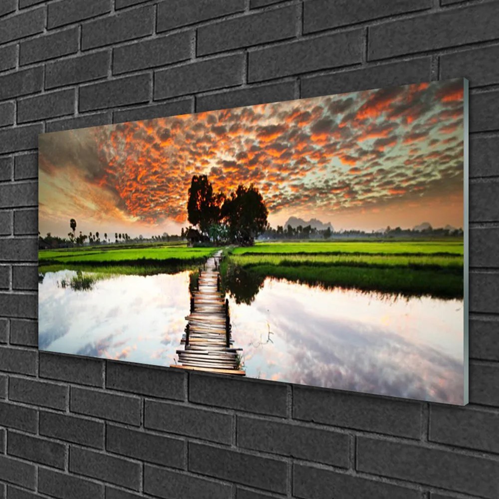 Obraz na skle Most Jezero Krajina 100x50 cm