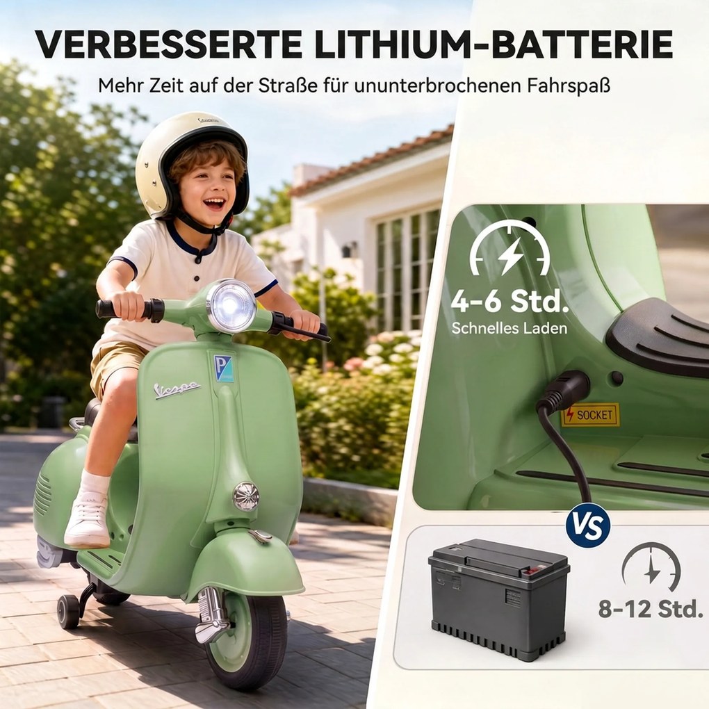 AIYAPLAY Elektrická motorka pro děti 6 V, elektrická motorka s pomocnými kolečky, lithiovou baterií, měkkým startem, hudbou, USB světlem a houkačkou …