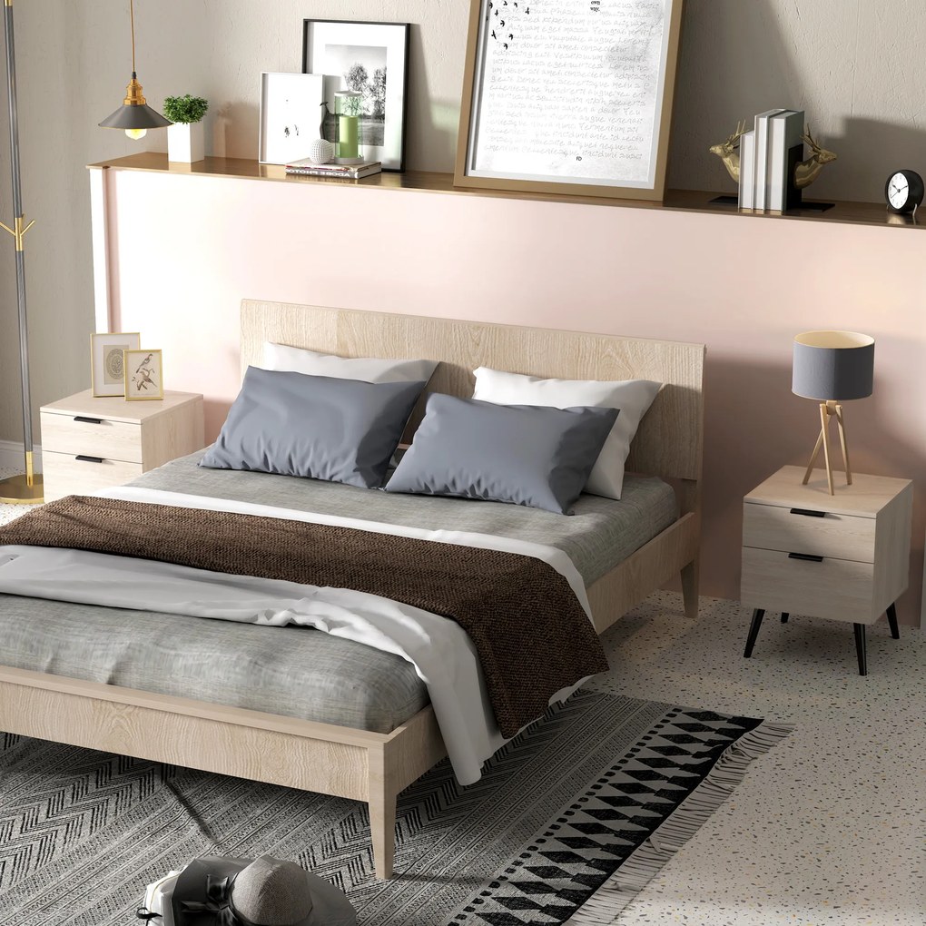 HOMCOM Sada 2 Nočních Stolků, Moderní Nordic Styl, Noční Stolek s Dvoubarevným Šuplíkem, Masivní Dřevěné Nohy, do Ložnice, Obývacího Pokoje, Dubový E…