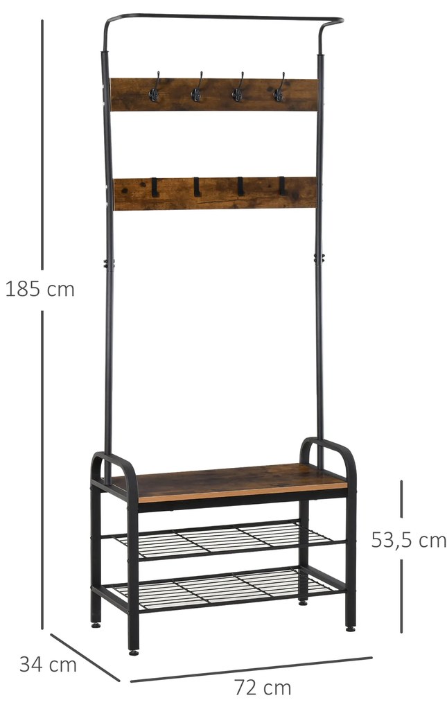 HOMCOM Věšák na kabáty s botníkem Věšák na kabáty 8 háčků 2 police MDF černý 72 x 34 x 185 cm do předsíně a chodby | Aosom.de