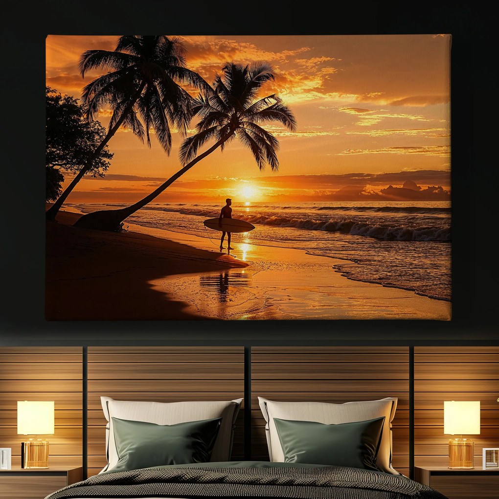 Obraz na plátně - Surfař pod palmami při západu slunce FeelHappy.cz Velikost obrazu: 180 x 120 cm