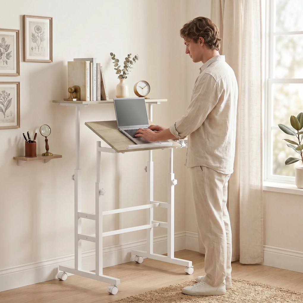 HOMCOM sedací‑stojací stůl výškově nastavitelný 70 x 60 cm na kolečkách s naklápěcí deskou, kovový rám, hnědý