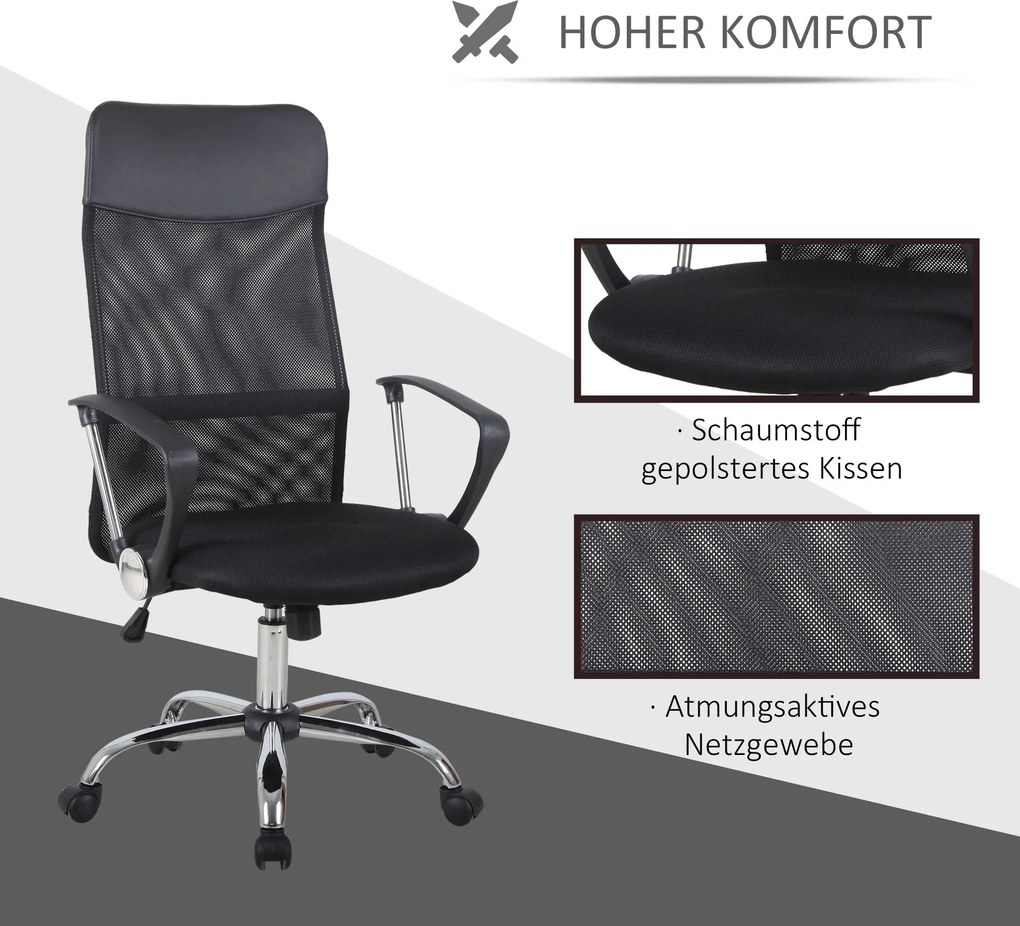 HOMCOM Ergonomická kancelářská židle, herní židle, otočná židle s houpací funkcí, výškově nastavitelné pracovní křeslo, pěna, síťovina, černá, 63 x 6…