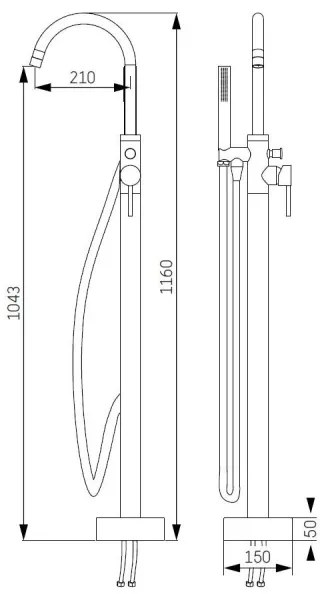 Volně stojící vanová sada s baterií 116 cm černá