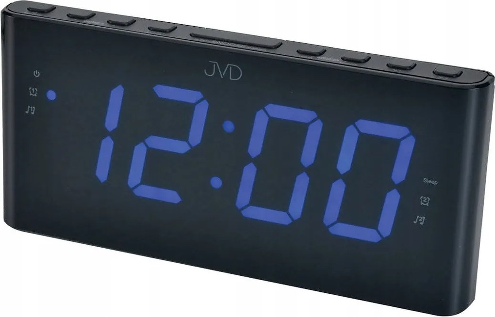 Modrý Led Radiobudík Jvd SB1000.2 Radio Fm Dva Alarmy Číslice 4,6 cm