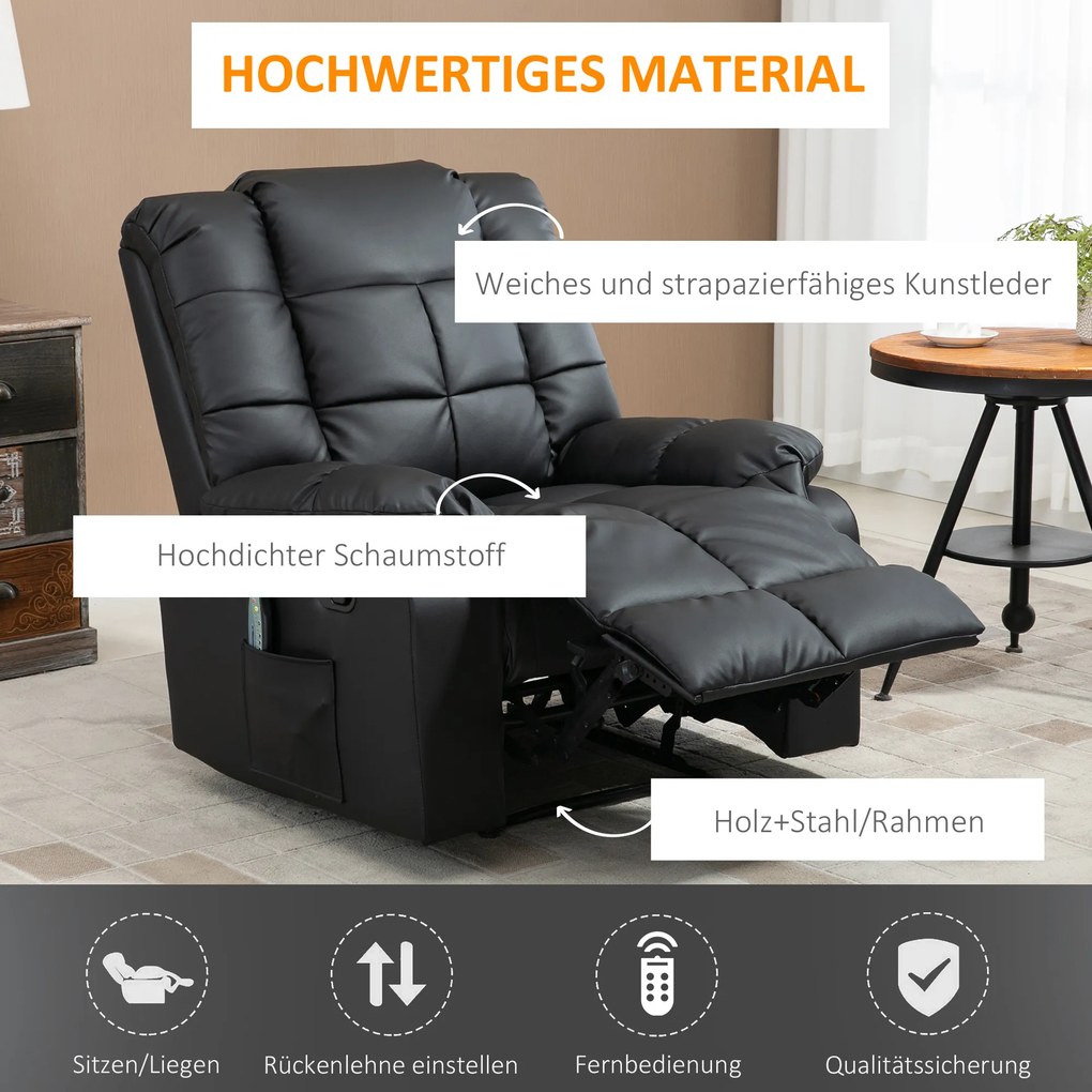Elektrické polohovací křeslo HOMCOM s masážní funkcí z imitace kůže, dřeva a oceli, černé 94x99x99 cm pro maximální pohodlí | Aosom.de