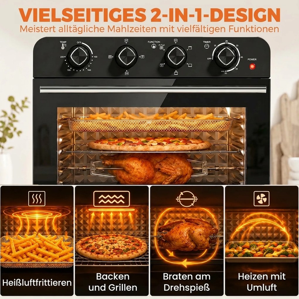 HOMCOM Horkovzdušná fritéza-trouba s ventilátorem a sadou rotačního špízu, regulátor teploty, časovač, 1800 W