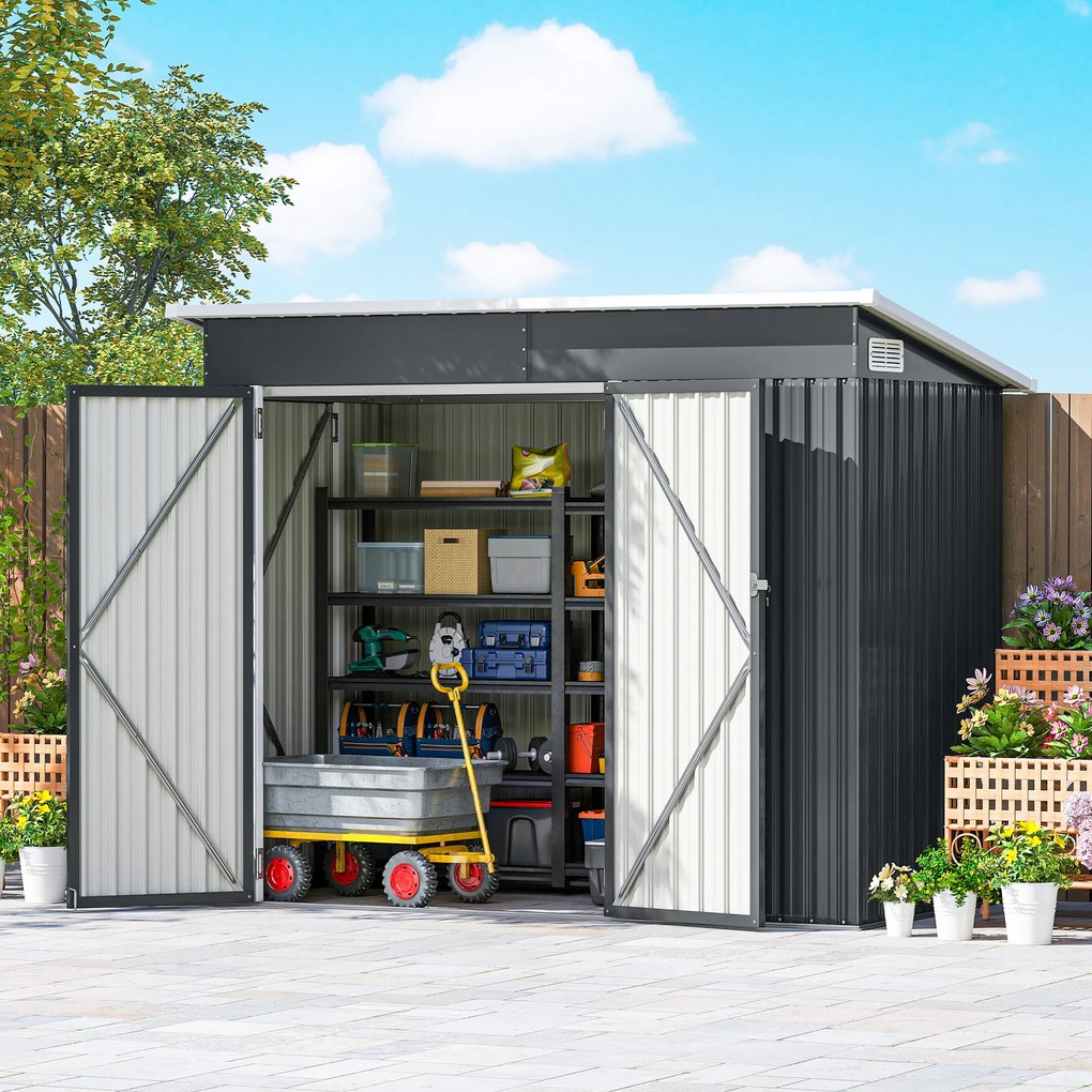 Outsunny plechový zahradní domek 2,68 m² – zamykatelný, 3 dveře, větraný, pultová střecha, rukavice v balení (234 × 132 × 185 cm)