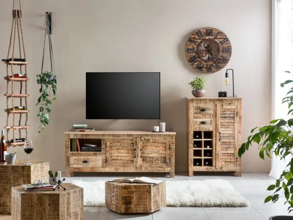 furniture-nabytek.cz - Masivní komoda Highboard Carino z mangového dřeva, lakovaná, přírodní barva