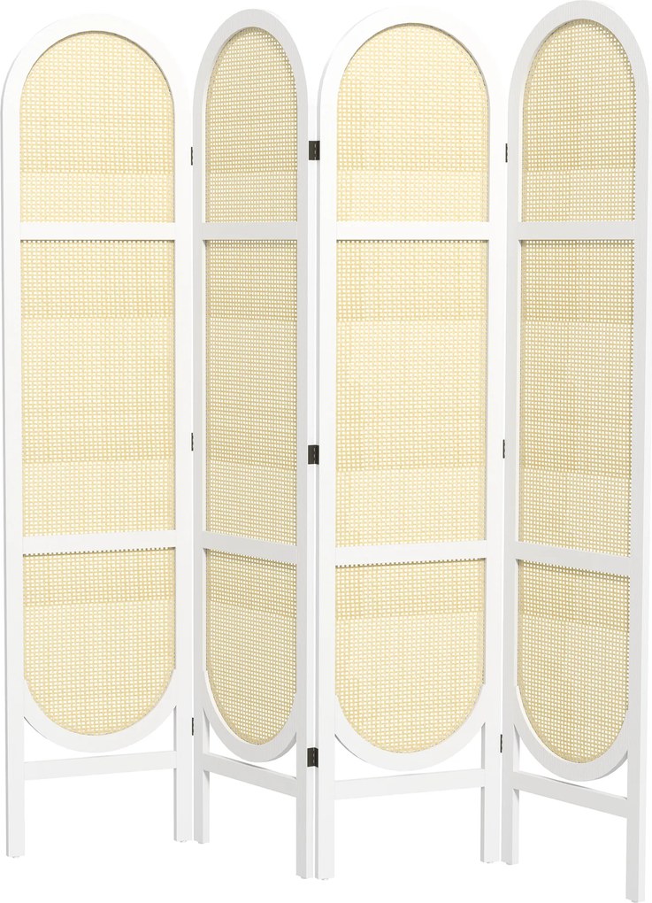 HOMCOM Dřevěná Příčka do Interiéru 4 Panely 170 x 160 cm, Skládací a Přenosná, Ručně Tkaný Vzor, Oddělovací Příčka pro Obývací Pokoj a Ložnici, Bílá