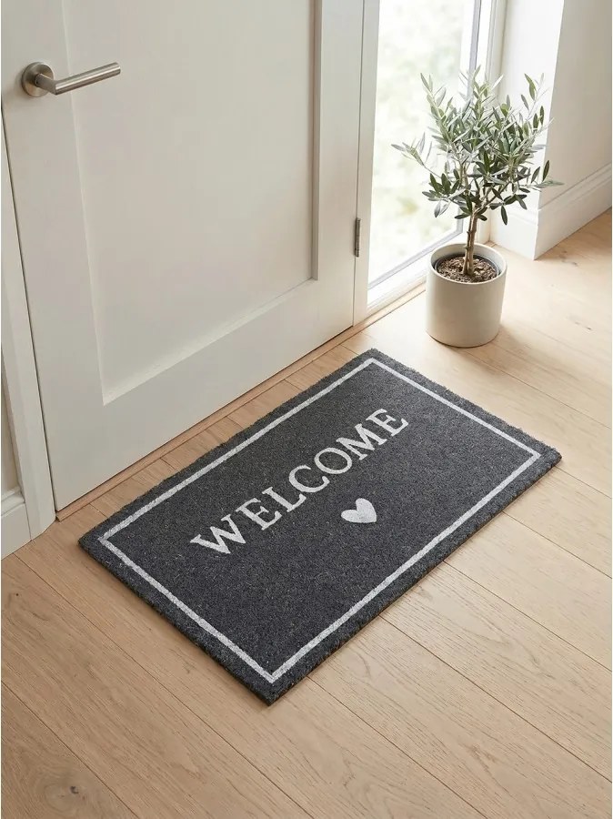 Šedá kokosová rohožka se srdíčkem Welcome - 75*45*1 cm