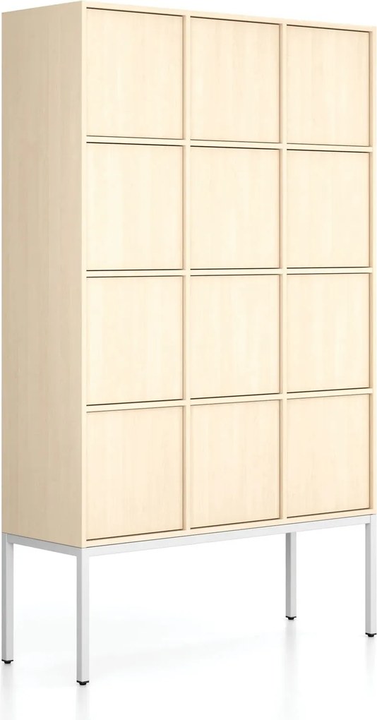 Kancelářská skříň FRAME, bílá podnož, 12x dveře, 1299 x 450 x 2185 mm, PUSH-lock, bříza