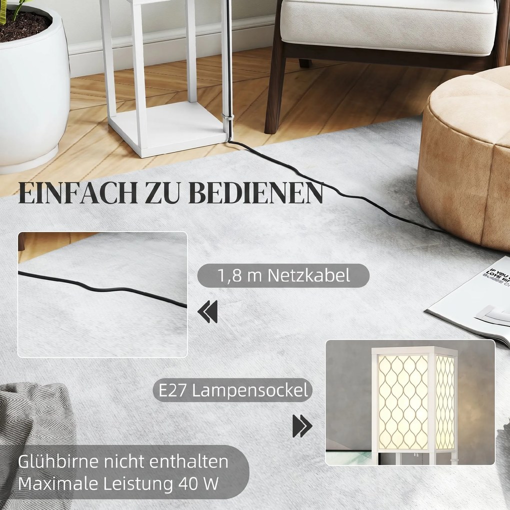 HOMCOM Stojací lampa s policí, 3 přihrádky, kompaktní rozměry, MDF, bílá