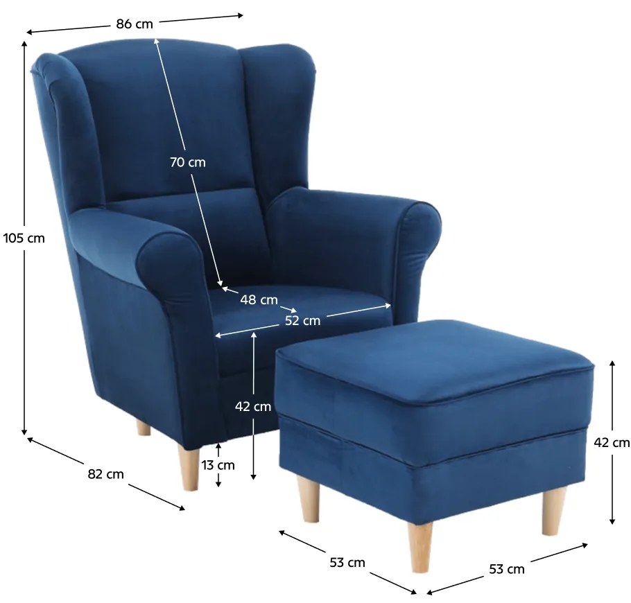 Kondela Křeslo ušák s taburetem, látka modrá, ASTRID
