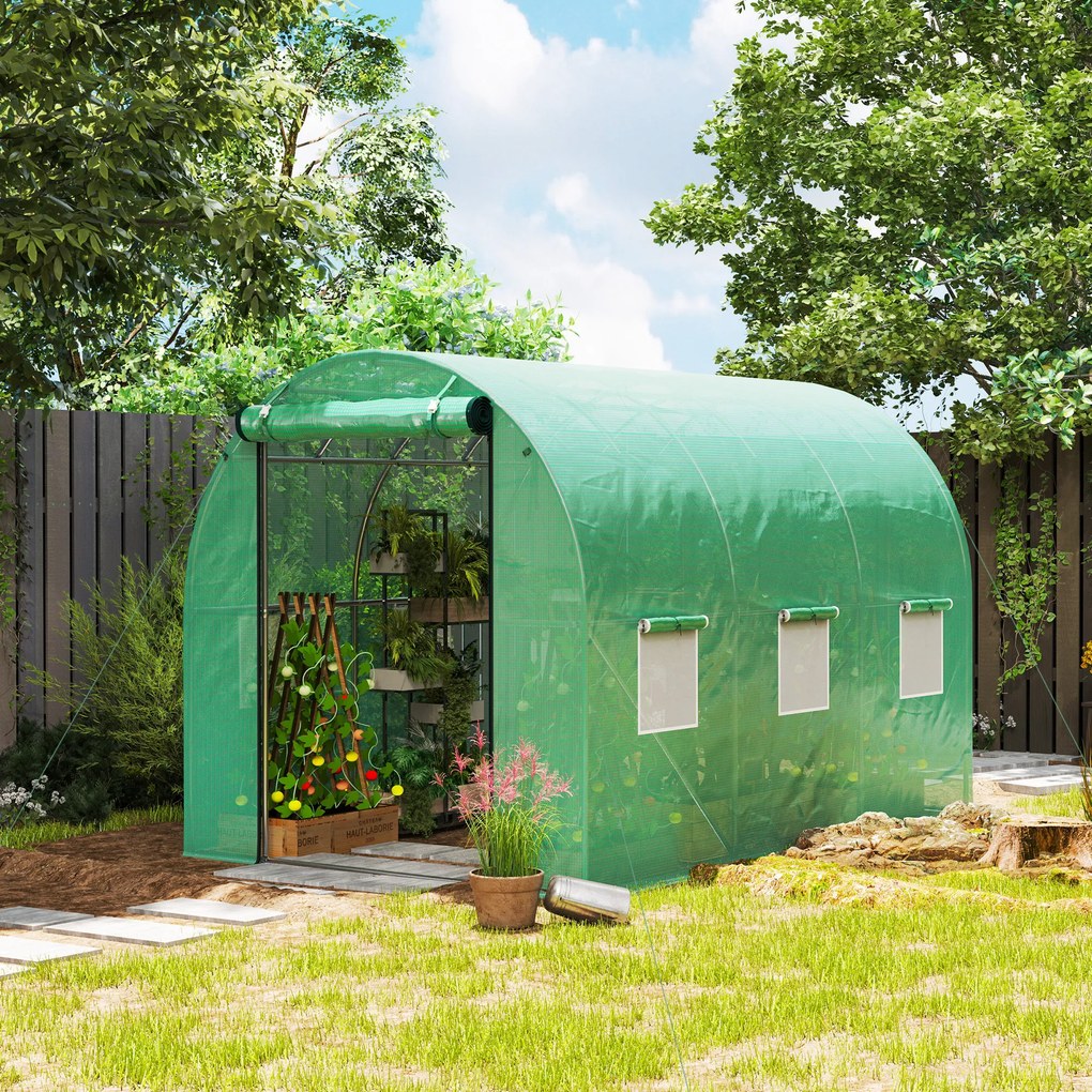 Skleník Outsunny 200x300x200cm z polyethylenu s dveřmi, 6 okny, pozinkovaným ocelovým fóliovým tunelem, 170g/m² PE, stabilní tunel na rostliny, sklen…