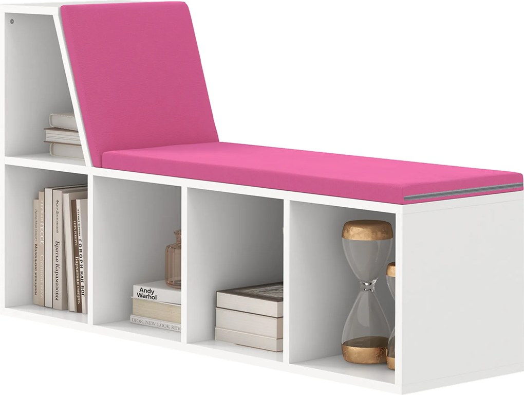 HOMCOM knihovní regál 2 v 1 s lavicí, 5 úložných přihrádek a 2 polštáři 108 x 30 x 60 cm bílá/růžová