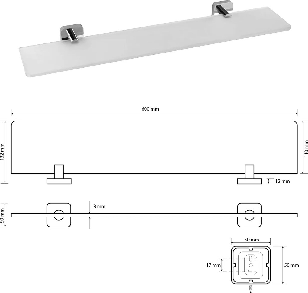 Sapho Sapho, INSIA polička skleněná 600x50x132 mm, chrom