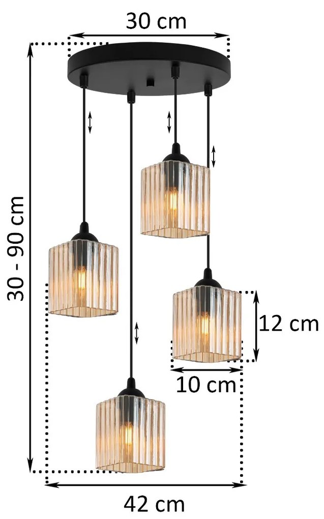 Závěsné svítidlo Riffle Square, 4x medové skleněné stínítko, b, o