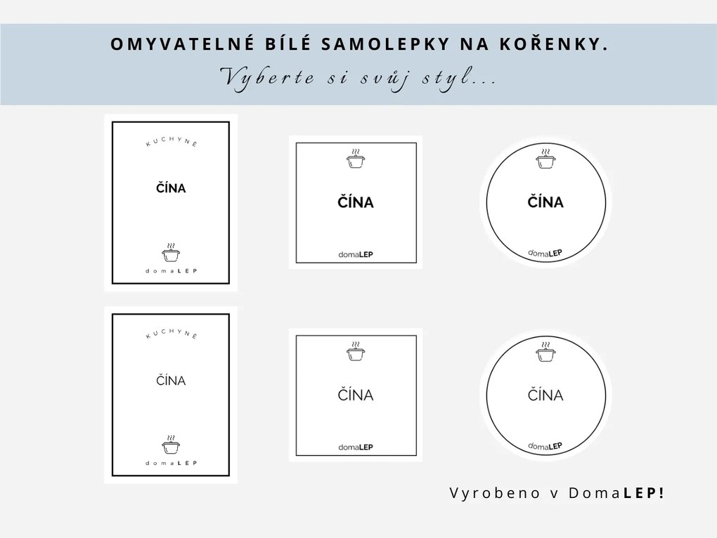 ČÍNA - omyvatelná samolepka na kořenky, výběr rozměrů Ø 5 cm / 5 x 5 cm / 6 x 8 cm | DomaLEP tvar: KOLEČKO, barva: BÍLÁ - ČERNÉ písmo, velikost: Ø 5 cm - tučné písmo