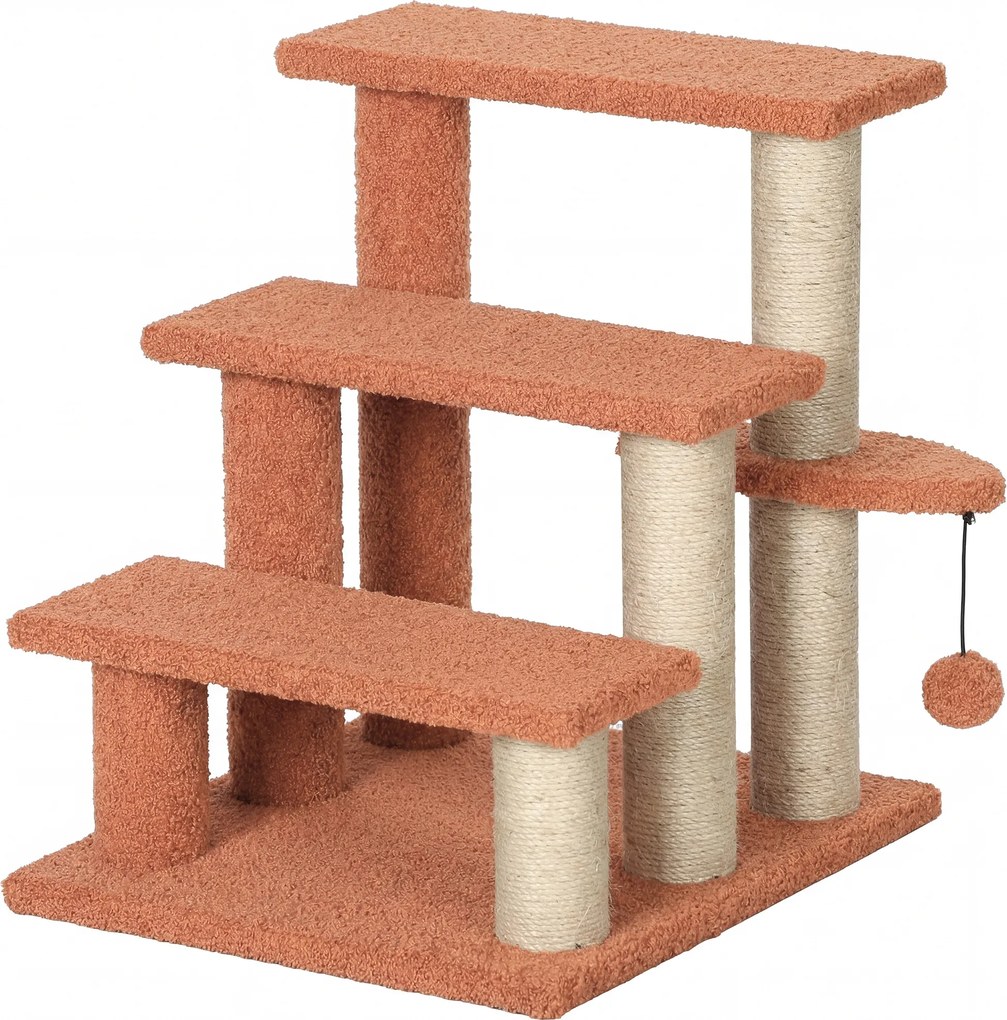 PawHut kočičí schody schody pro psy a kočky 3 stupně se škrabadly hrací míč plyšový hnědý 45x40x48cm pro větší pohodlí | Aosom.de