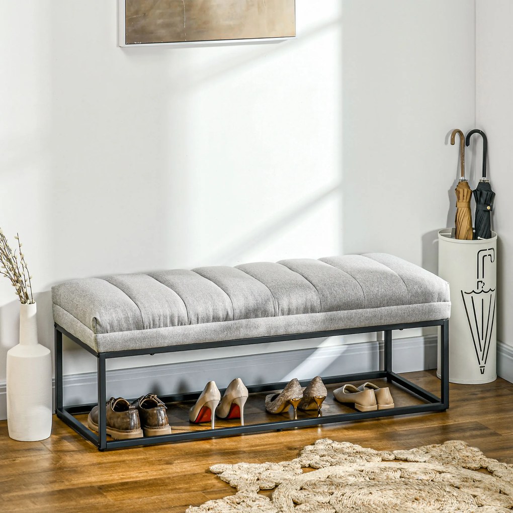 HOMCOM Lněná lavice Čalouněná lavice do ložnice Postelová lavice Kosmetická lavice do 200 kg Ocel světle šedá 120x44x45,5 cm