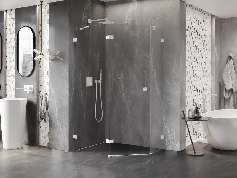 Mexen Lunar, Pětiúhelníkový sprchový kout Mexen Lunar naklápěcí doleva 100 x 80 cm, 8mm čiré sklo, bílý profil, 831-100L-080P-01-20-L