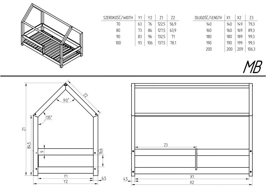 Domečková dětská postel z borovicového dřeva 90x190 cm Mila MB - Adeko