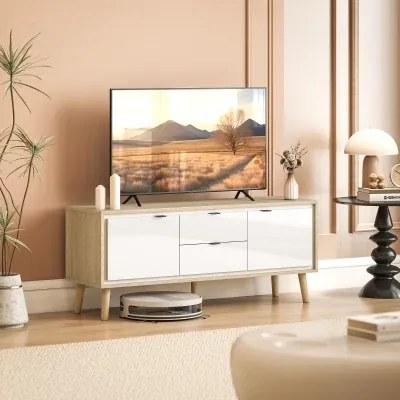 HOMCOM TV skříň, TV nábytek pro až 55 palců, 2 lesklé dveře, 2 tiché zásuvky, 120 x 35 x 50 cm, bílé