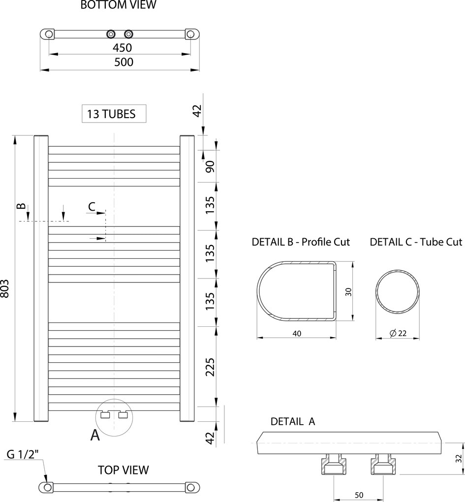 Aqualine ALYA otopné těleso rovné 500 x 803 mm středové připojení chrom LLS301