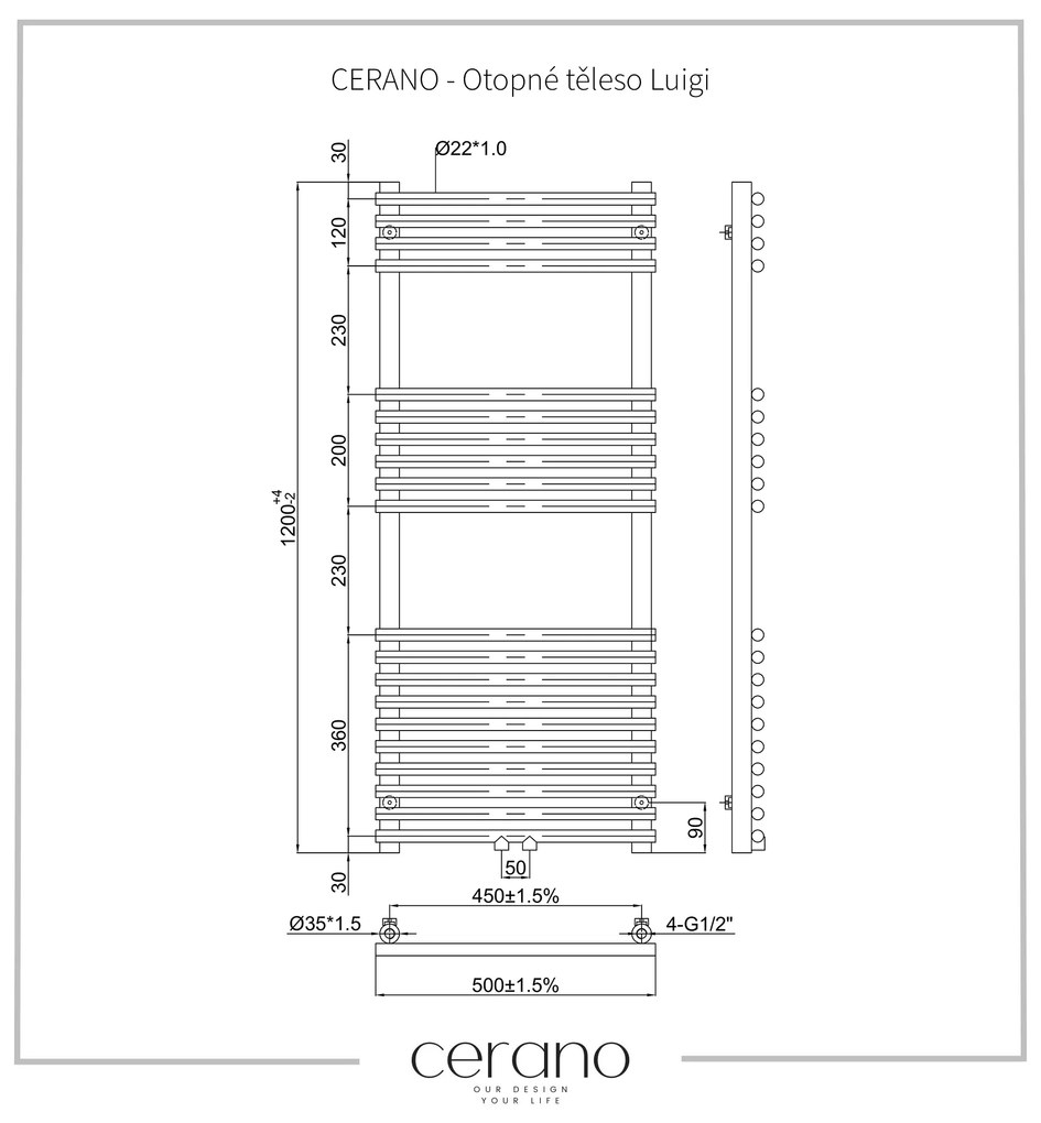 CERANO - Topné těleso Mathilda - kombinovaný D5 - 545W - černá matná - 1200x500 mm