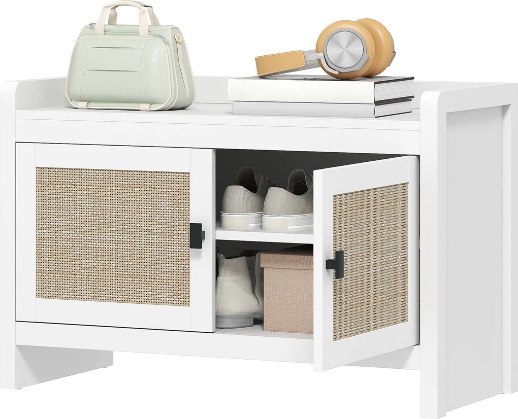 HOMCOM Bohemian Šatní Lavice na Boty se Zásuvkami z Rattanu, Odnímatelná Polička pro 8 Párů Bot do Předsíně nebo Ložnice, 80x35x52 cm Bílá | Aosom