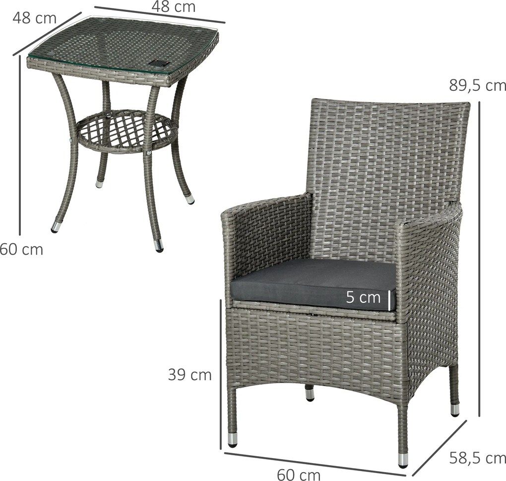 Zahradní ratanový nábytek Outsunny, s bočním stolkem, bistro set, 3-dílná sada balkónového nábytku, zahradní ratanová souprava, sedací souprava, 60x5…