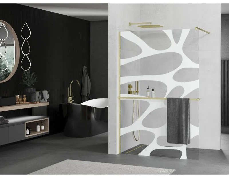 Mexen Kioto+, sprchová zástěna Walk-In s poličkou a věšákem 110 x 200 cm, 8mm čiré sklo bílý vzor, zlatý matný profil, 800-110-121-55-97